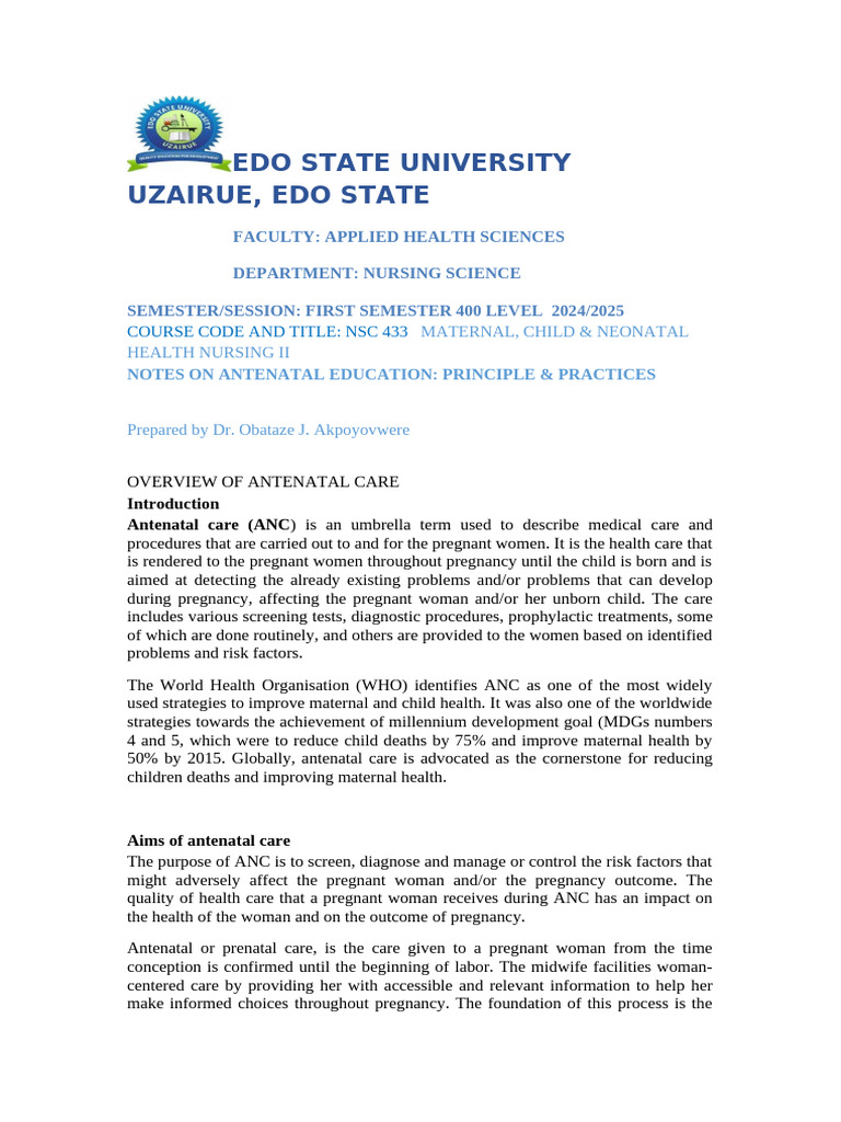 NSC 433 Notes On Antenatal Education - Principle &practices 1 | PDF ...