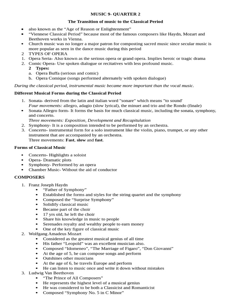 Mapeh 9 Reviewer - 2nd Quarter | PDF | Classical Period (Music) | Opera