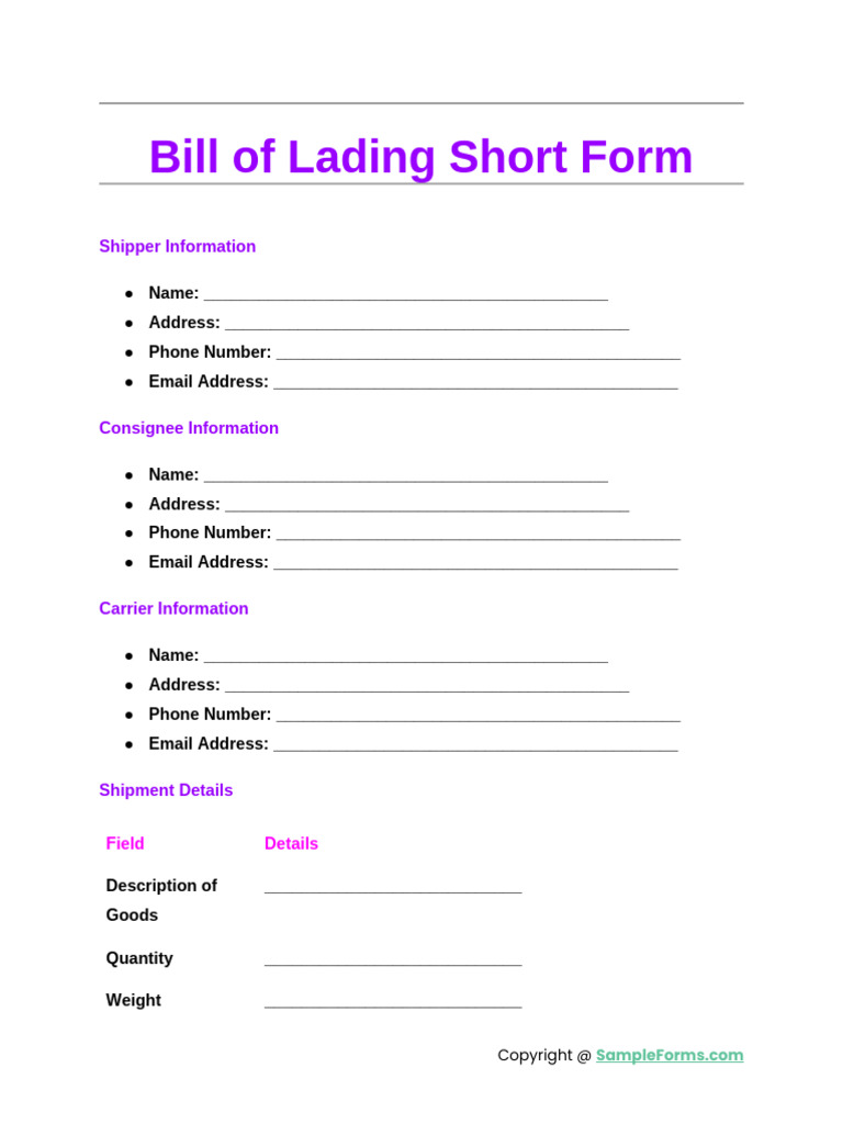 Short Form Bill of Lading Template | PDF