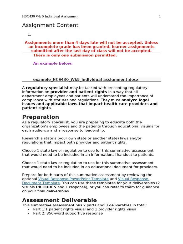 HSC430 Week 5 Assignment Overview | PDF | Regulatory Compliance | Apa Style