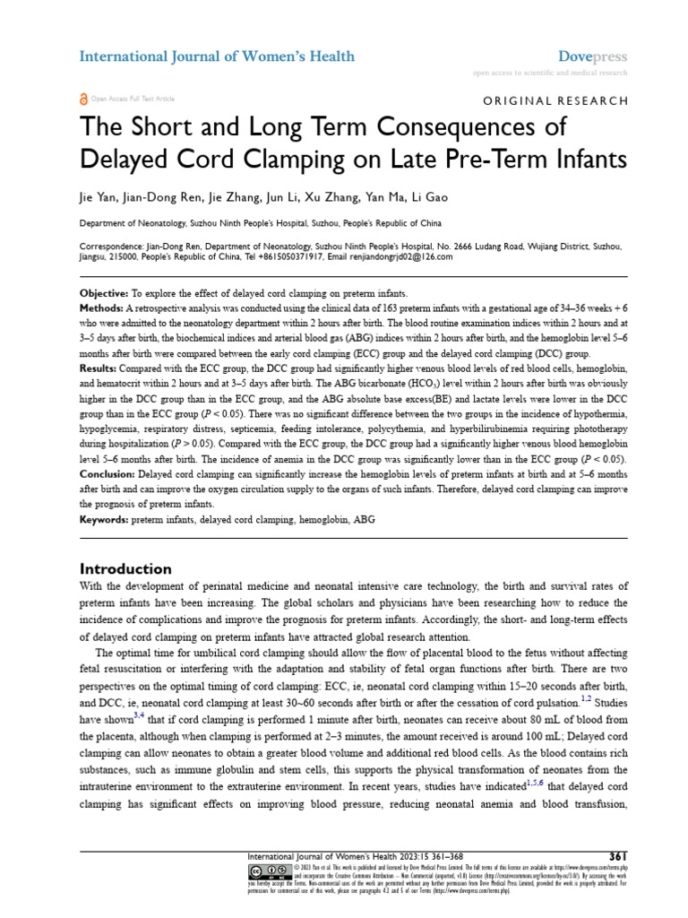 The Short and Long Term Consequences of Delayed Cord | PDF | Childbirth | Preterm Birth