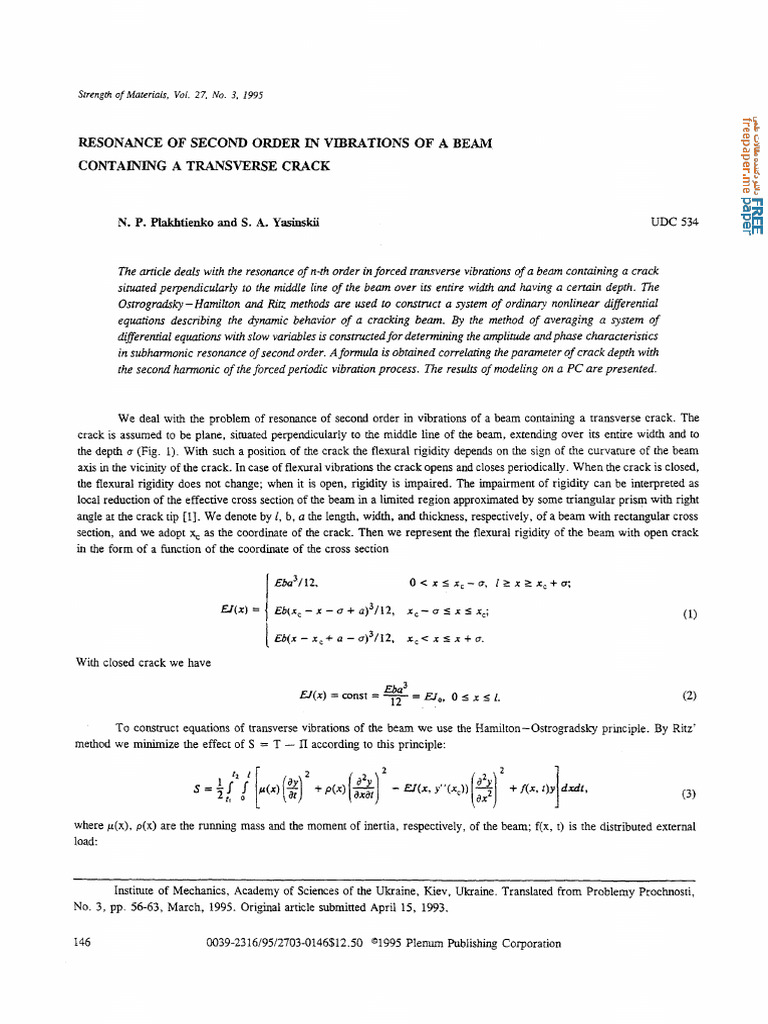 10.1007 - BF02209480 Resonance of Second Order in Vibrations of A Beam Containing A Transverse ...
