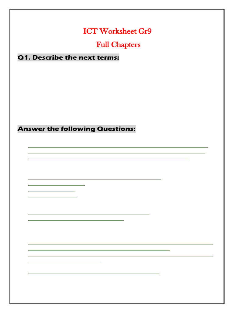 ICT Worksheet Gr9 Full Chapters | PDF | Computing