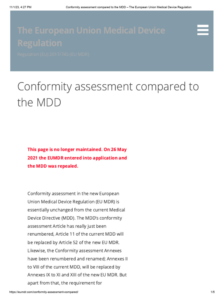 Conformity assessment compared to the MDD – The European Union Medical Device Regulation | PDF ...