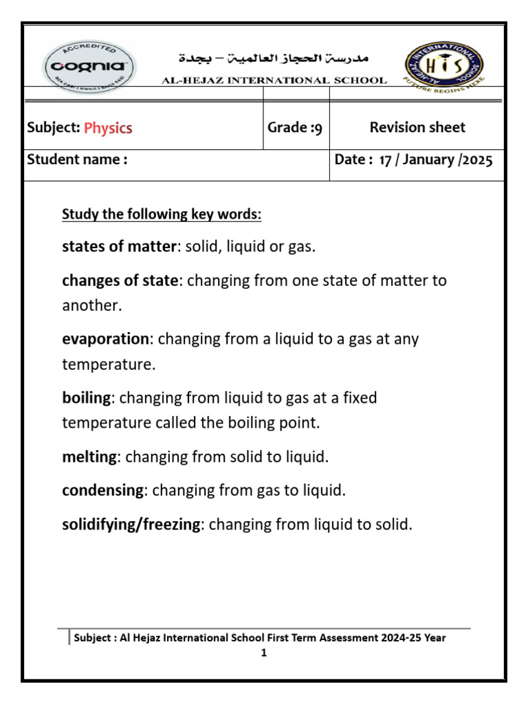 Physics Revision Sheet 1 G9 2025 | PDF | Gases | Liquids