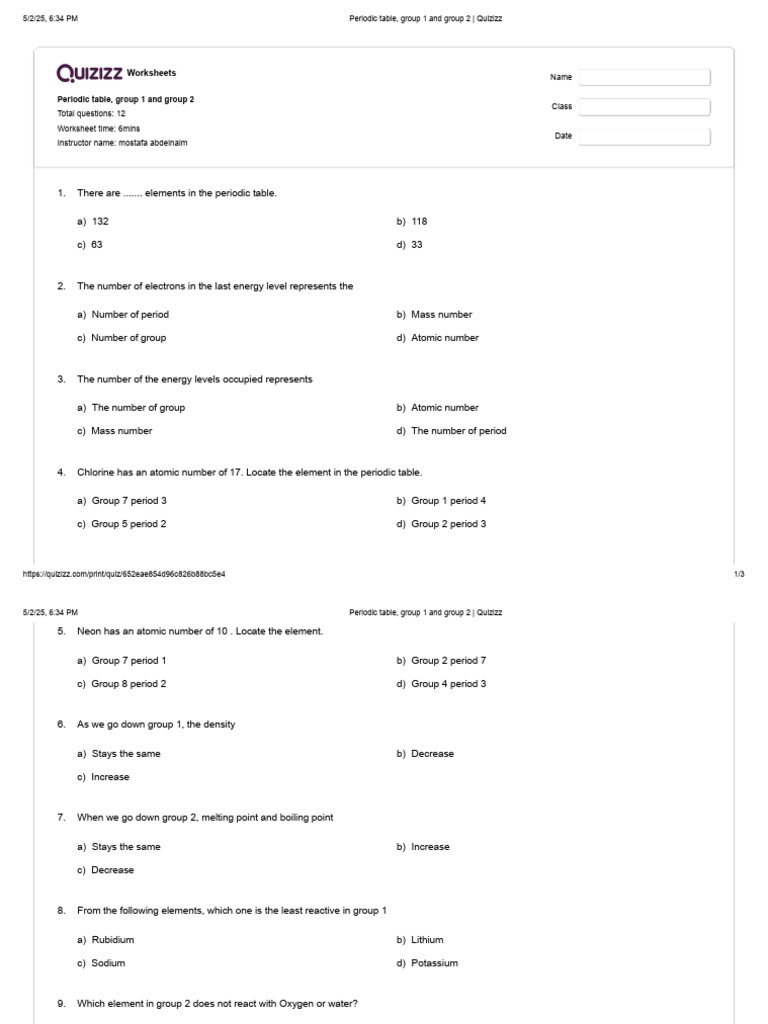 Periodic Table, Group 1 and Group 2 - Quizizz Week 13 | PDF | Periodic ...