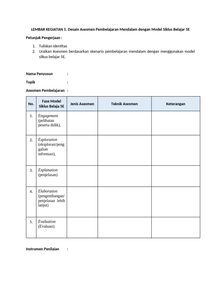 LK Asesmen Pembelajaran Mendalam Model Siklus Belajar 5E | PDF