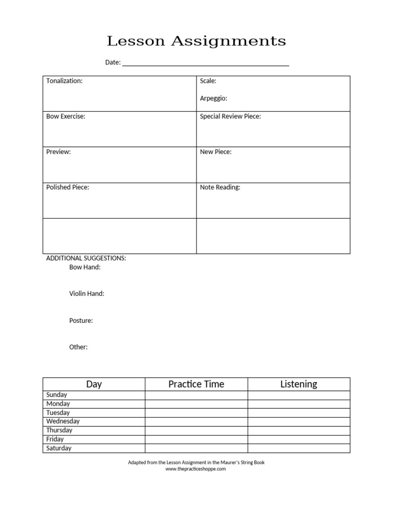 Main Violin Lesson Assignment Sheet Template | PDF