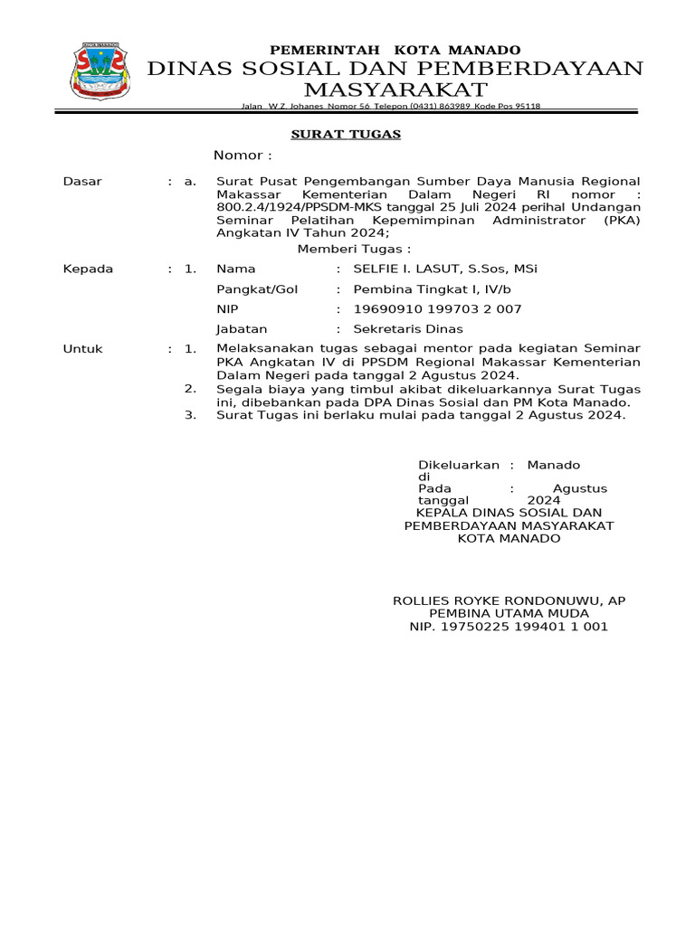 Surat Tugas Seminar PKA Manado 2024 | PDF