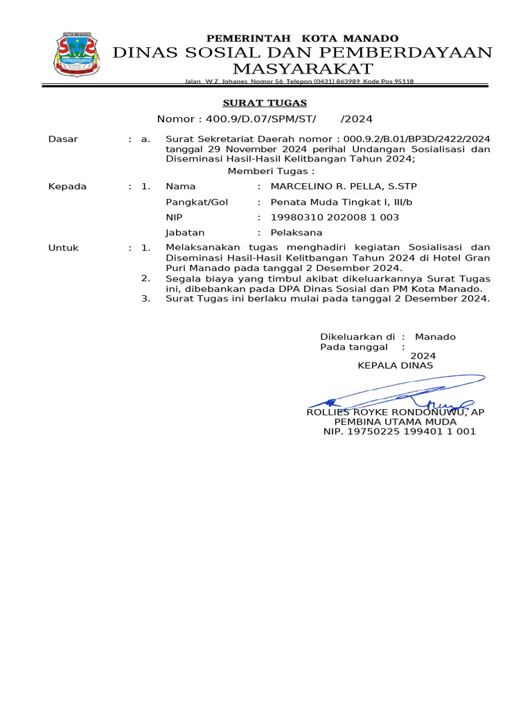 Surat Tugas Dinas Sosial Manado 2024 | PDF
