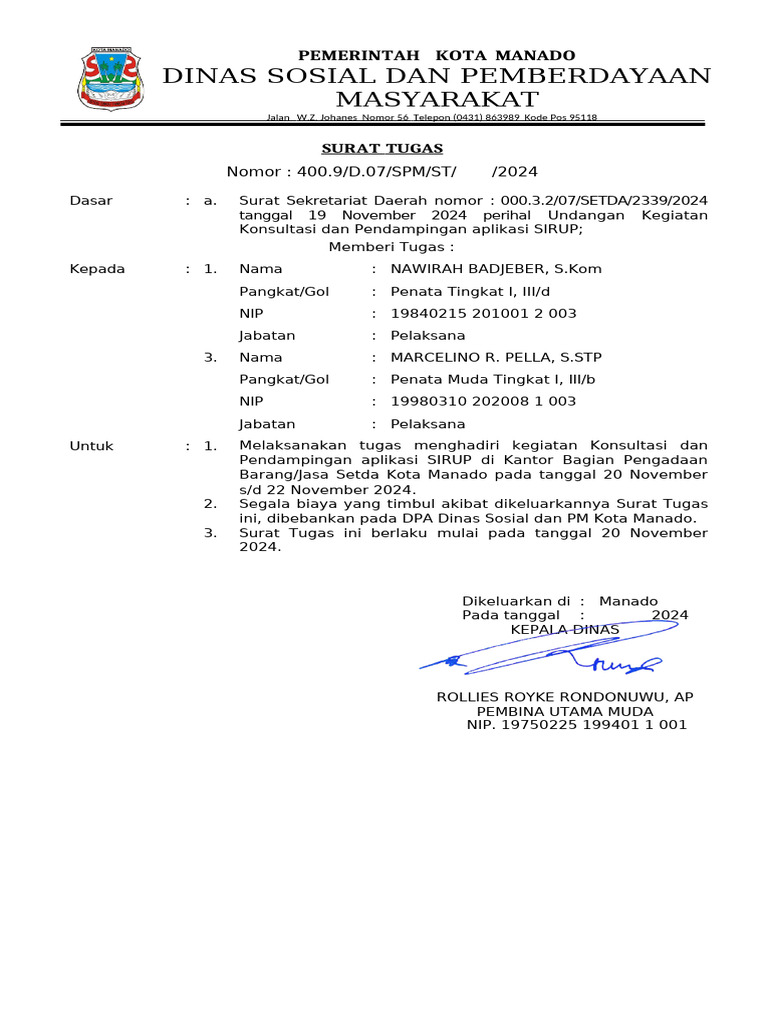 Surat Tugas Konsultasi SIRUP Manado | PDF