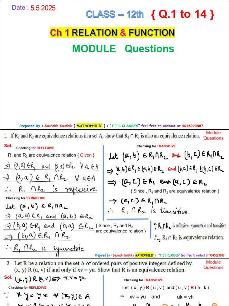 6 CH 1 RELATION & FUNCTION Slides Class 12th MODULE Questions 1 To 14 | PDF