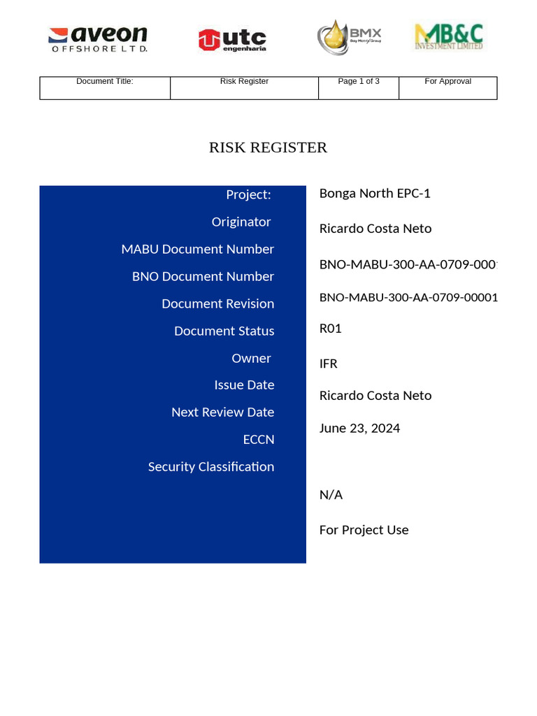 Bonga North EPC-1 Risk Register | PDF | Risk