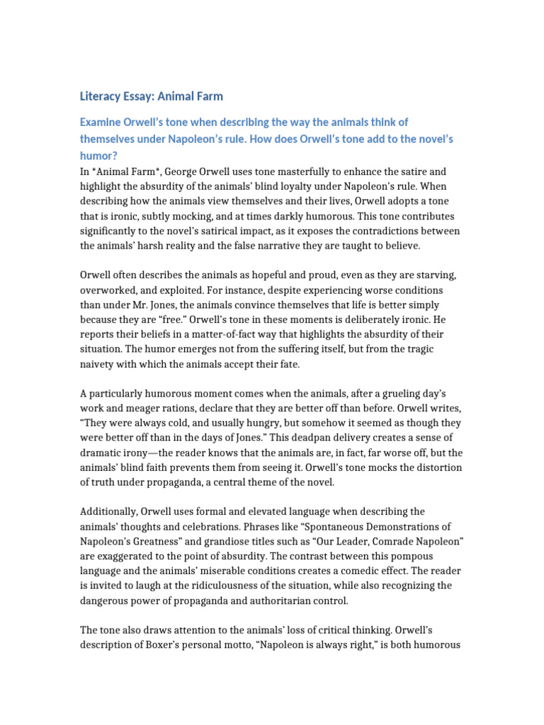 Animal Farm Essay Tone and Humor | PDF | Irony | George Orwell