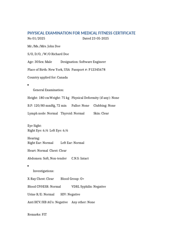 Filled Medical Fitness Certificate | PDF