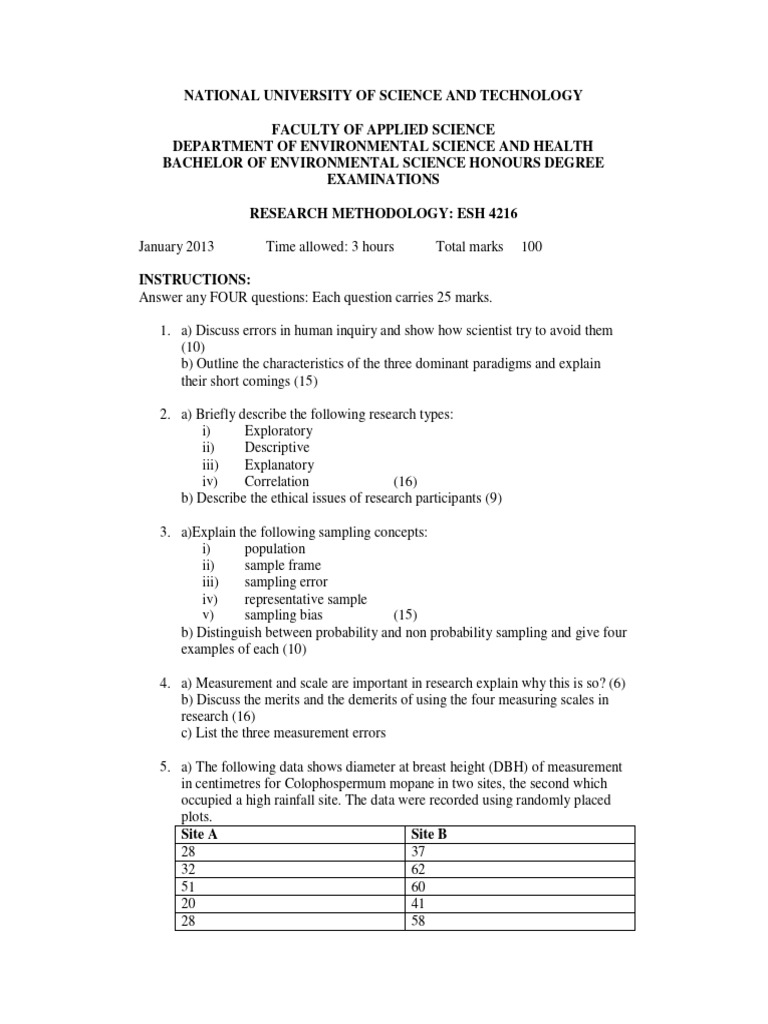 Research Methodology Exam ESH 4216 | PDF | Sampling (Statistics) | Science