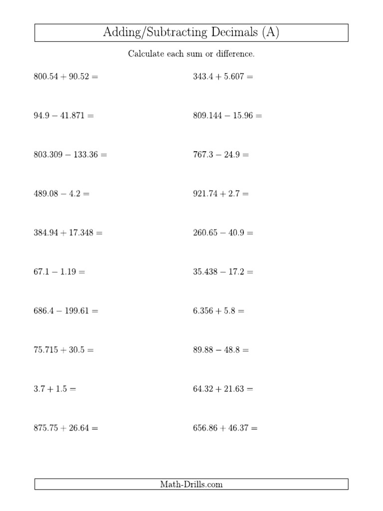 Decimals Worksheet - Adding and Subtra.. | PDF