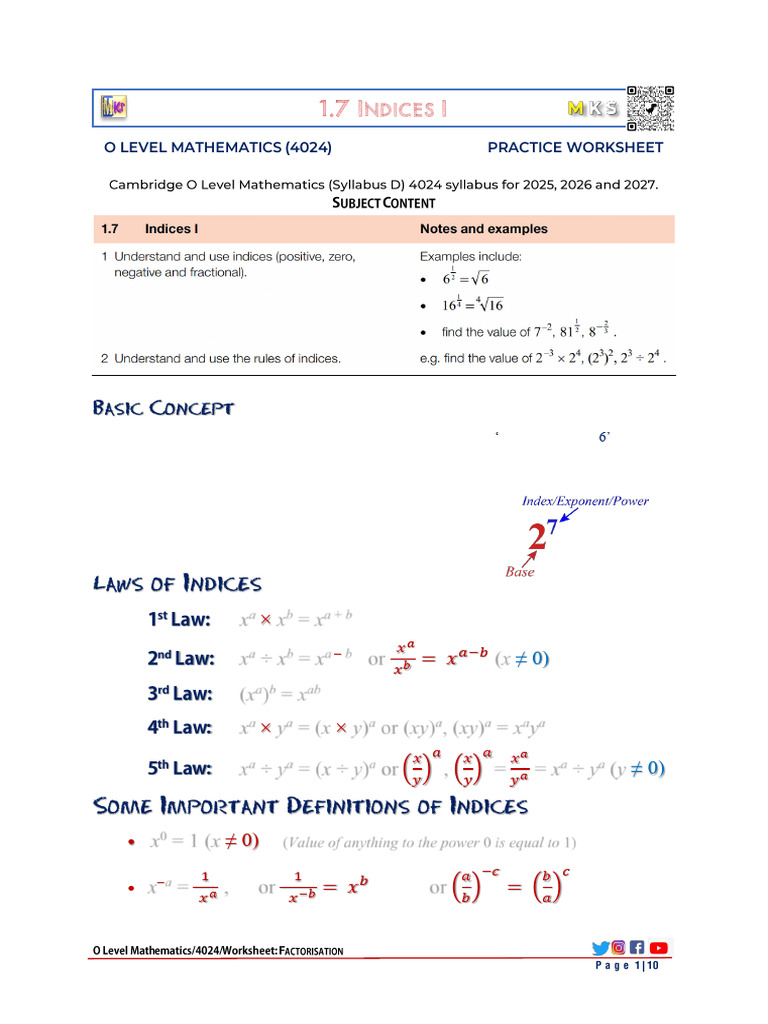 1.7 Indices I Questions from Past Papers | PDF | Exponentiation | Ring ...