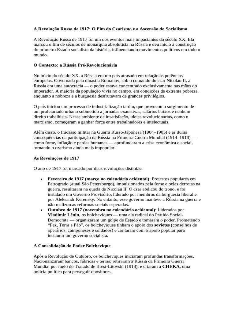 Revolução Russa: Czarismo e Socialismo | PDF | Revolução Russa | Socialismo