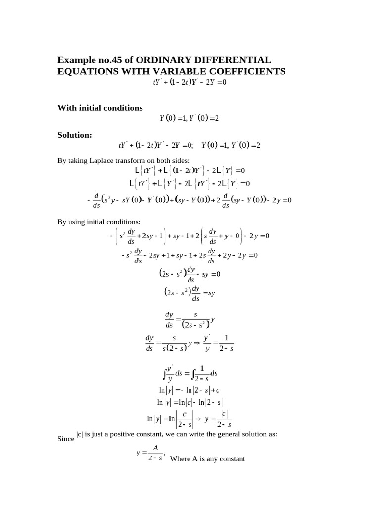 Example Of Ordinary Differential Equations With Variable Coefficients Pdf
