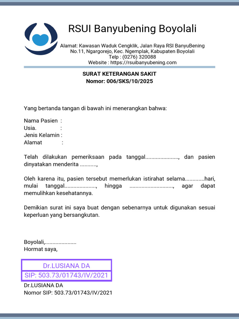 Surat Keterangan Sakit RSUI Banyubening | PDF