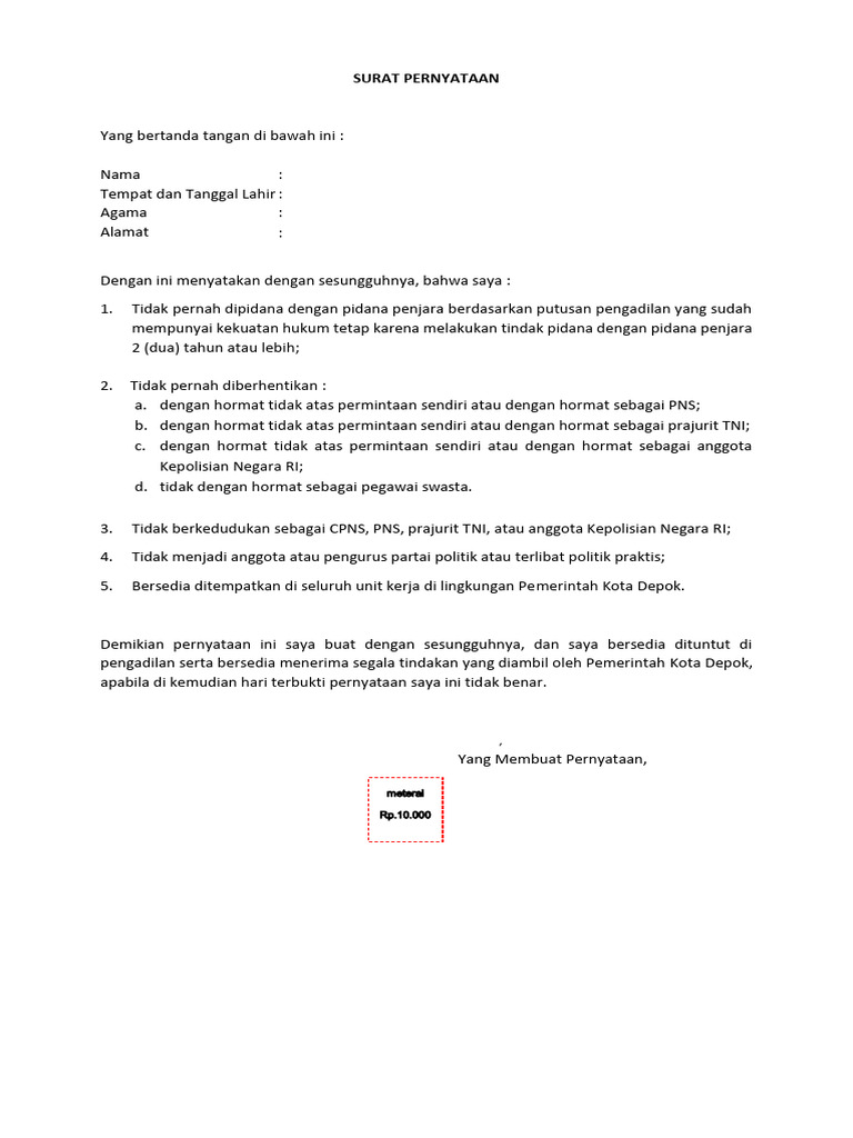 Lampiran 2 - Format Surat Pernyataan 5 Point PPPK | PDF