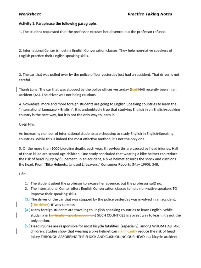 (feedback) worksheet_parphrase & taking notes 1 (reading) | PDF ...