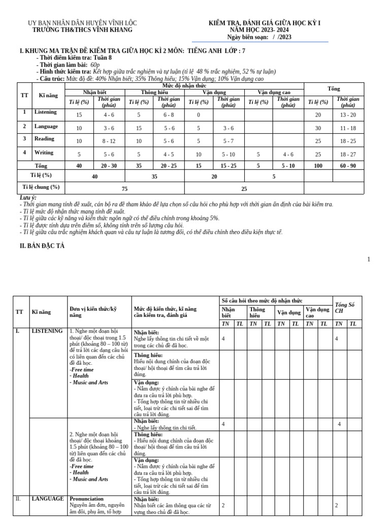 Mẫu Đề Gki Anh 7 2023-2024 | PDF