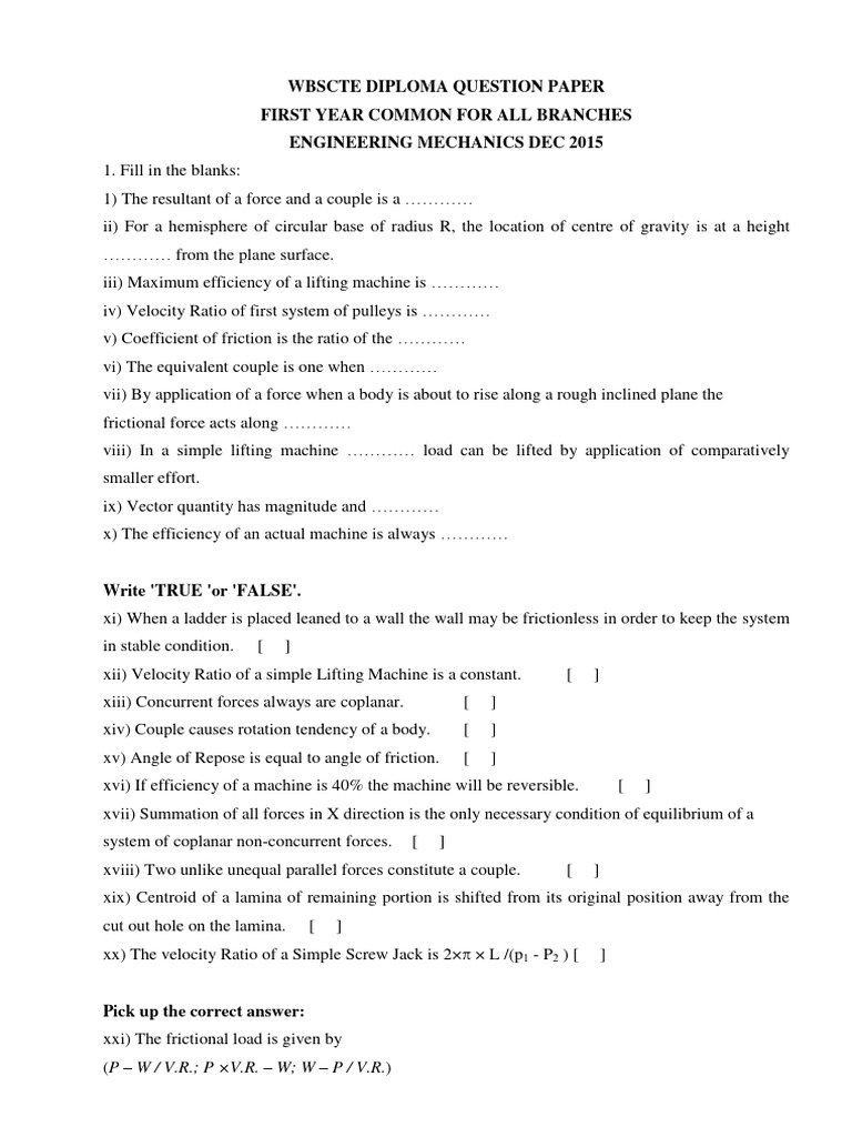 Diploma 1 Sem Engineering Mechanics Dec 2015 | PDF | Force | Friction