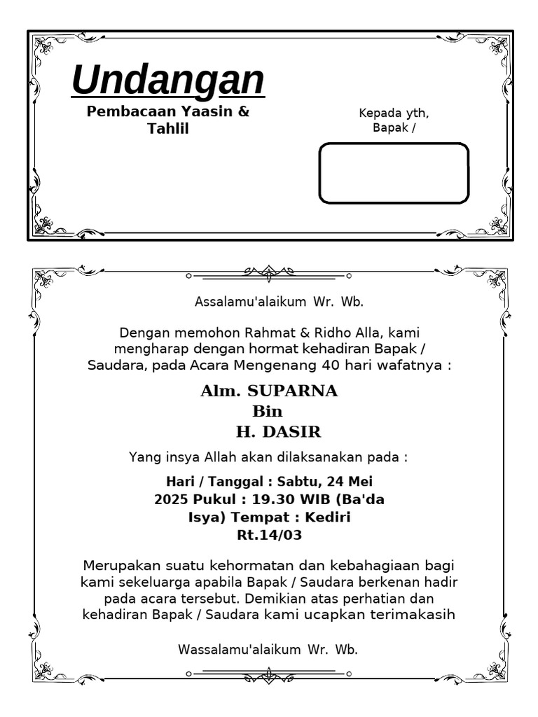 Putih Hitam Minimalis Klasik Undangan Yasin dan Tahlil (1) | PDF