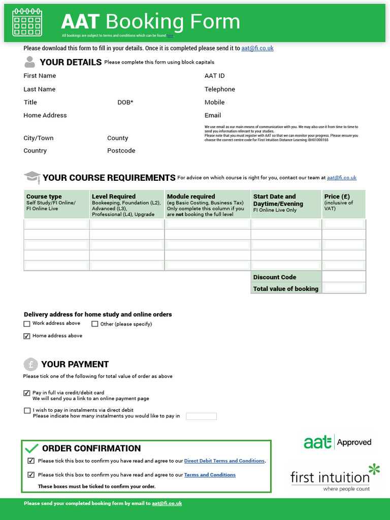 AAT Distance Learning First Intuition Booking Form 2023 | PDF | Debit ...