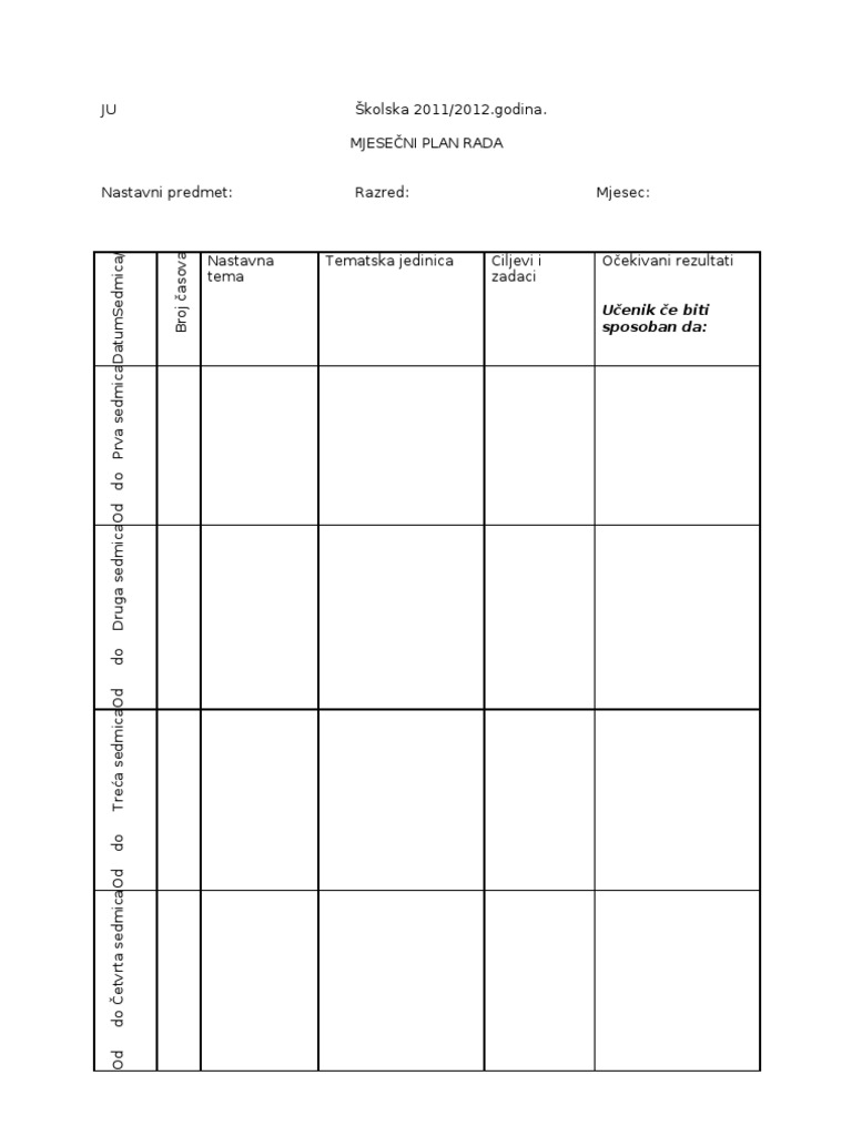 Mjesečni plan rada | PDF