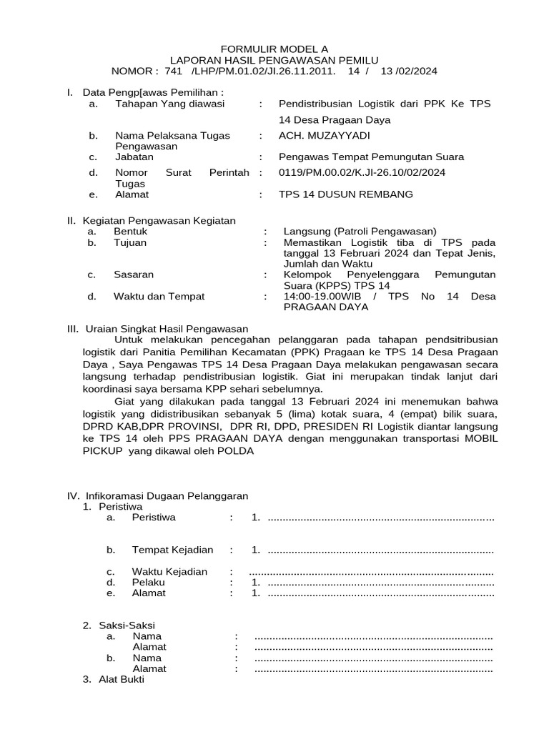 Formulir-A Pengawasan Distribusi Logistik Dari PPK Ke TPS-2 | PDF