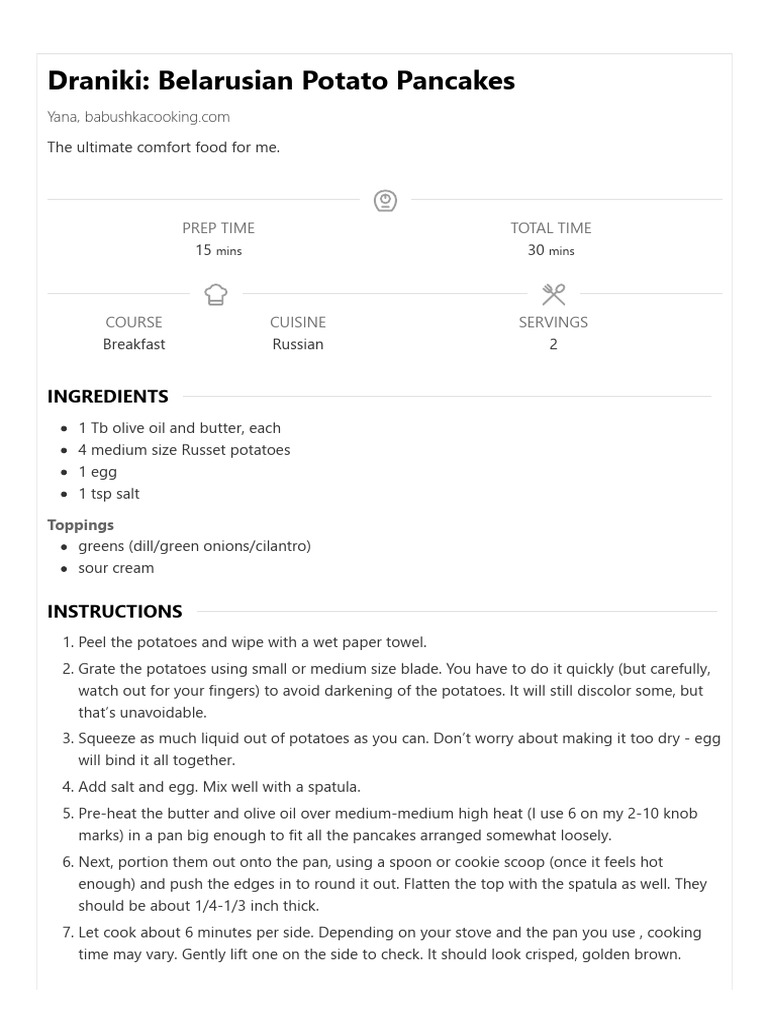 Draniki - Belarusian Potato Pancakes - Babushka Cooking | PDF
