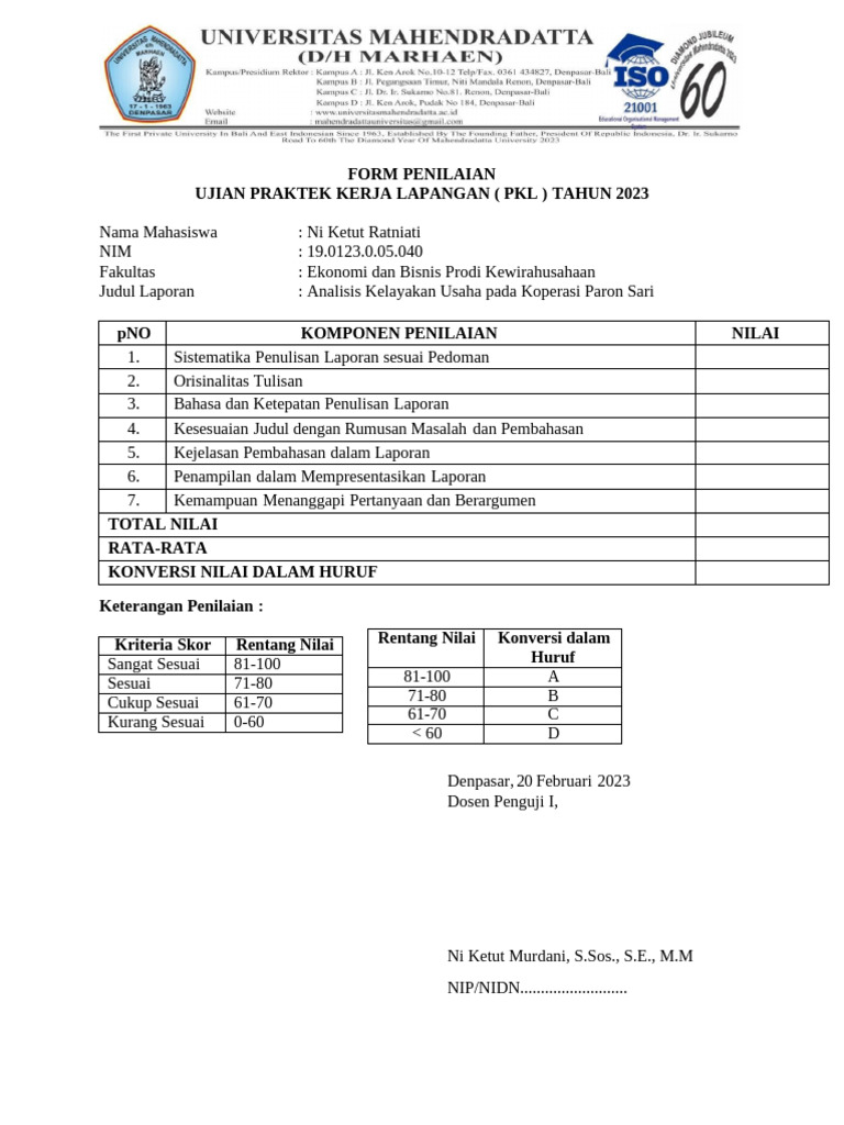 Form Penilaian Ujian PKL | PDF