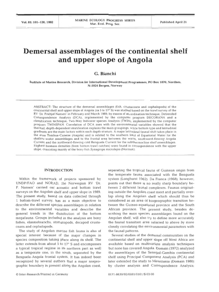 Demersal Assemblages of Angola's Shelf | PDF | Marine Biology | Earth ...