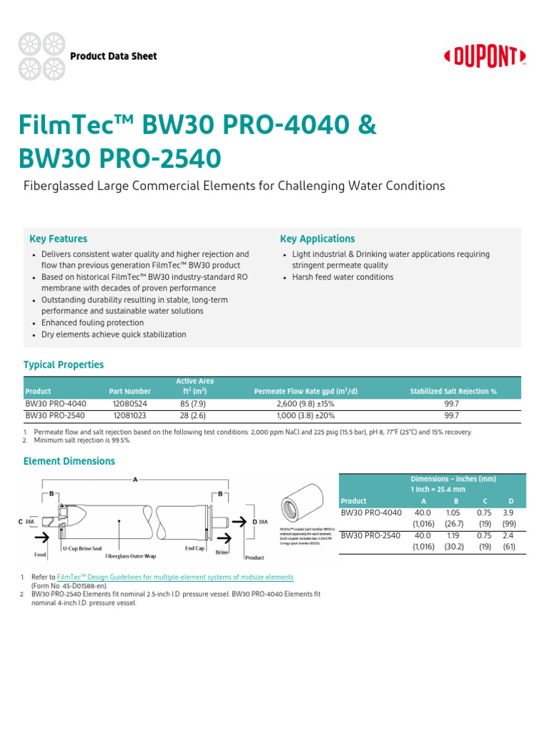 FilmTec BW30 PRO-4040 Data Sheet | PDF | Membrane | Materials