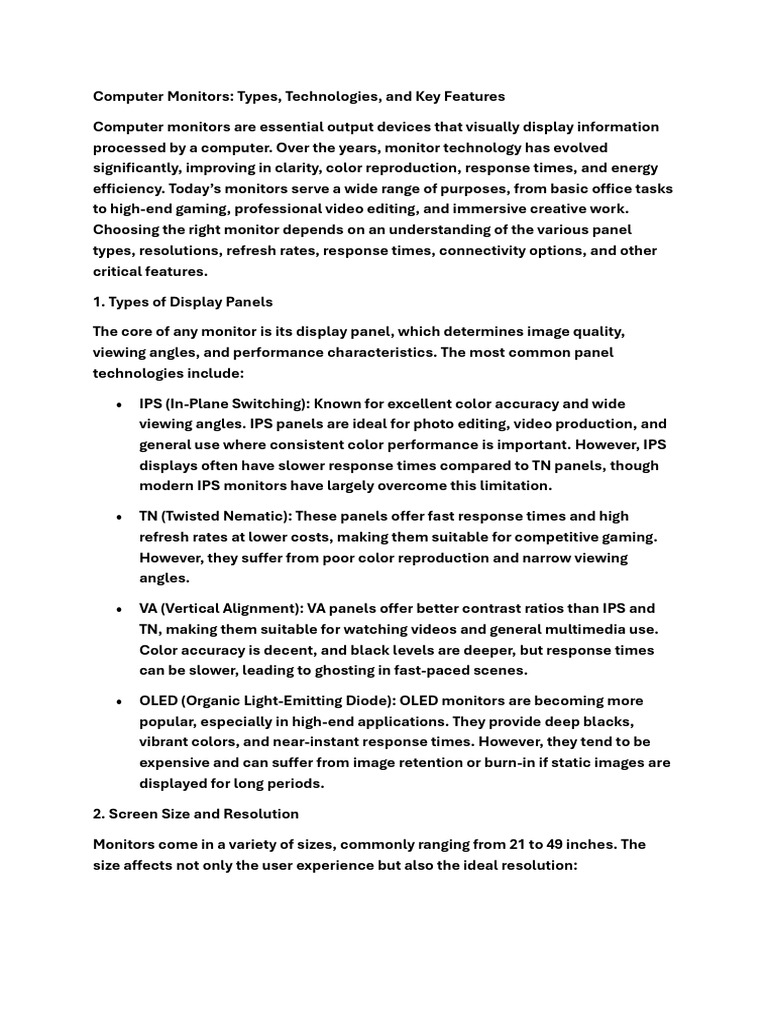 Computer Monitors Types Technologies and Key Features | PDF | Computer ...