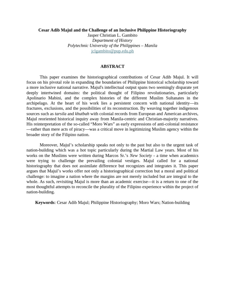 GAMBITO Cesar Adib Majul and The Challenge of An Inclusive Philippine ...