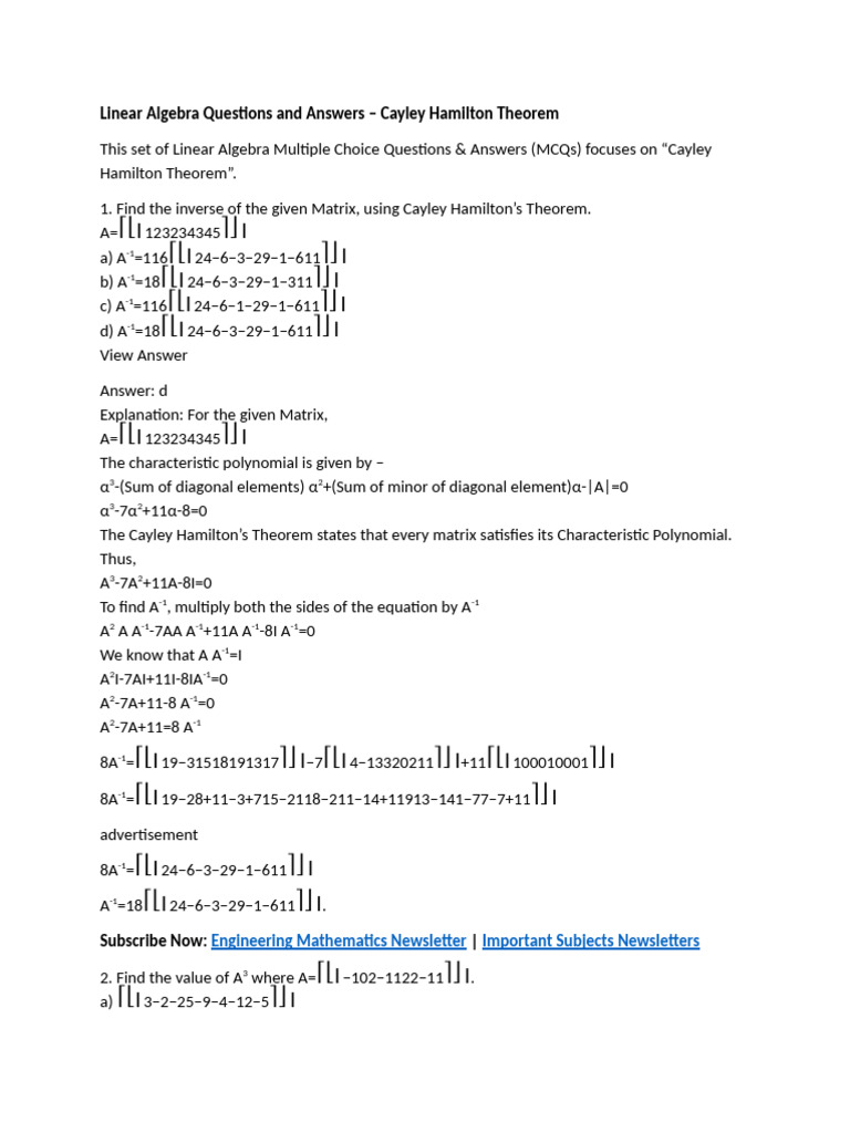 Linear Algebra Questions and Answers3 | PDF | Matrix (Mathematics) | Algebra