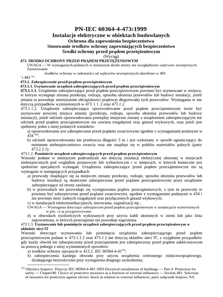 PN-IEC 60364-4-473 - 1999 Ochrona Przed Prądami Przetężeniowym | PDF