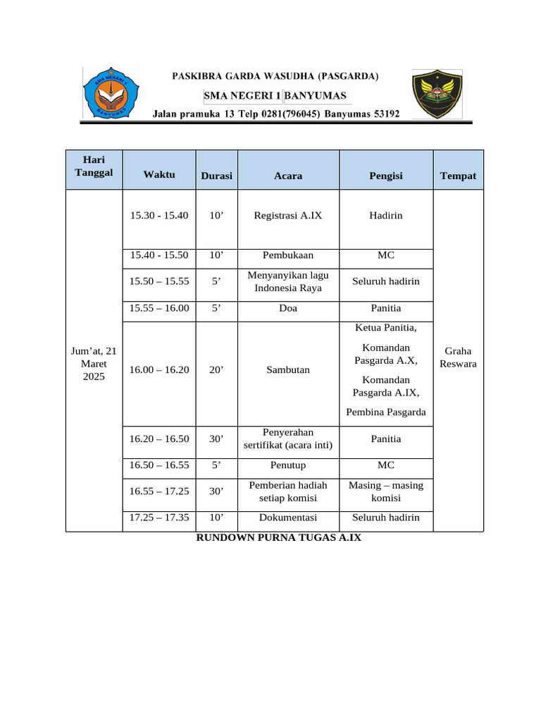 RUNDOWN PURNA TUGAS Paskibra | PDF