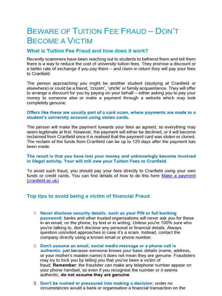 Tuition Fee Fraud: Stay Informed | PDF | Fraud | Fee