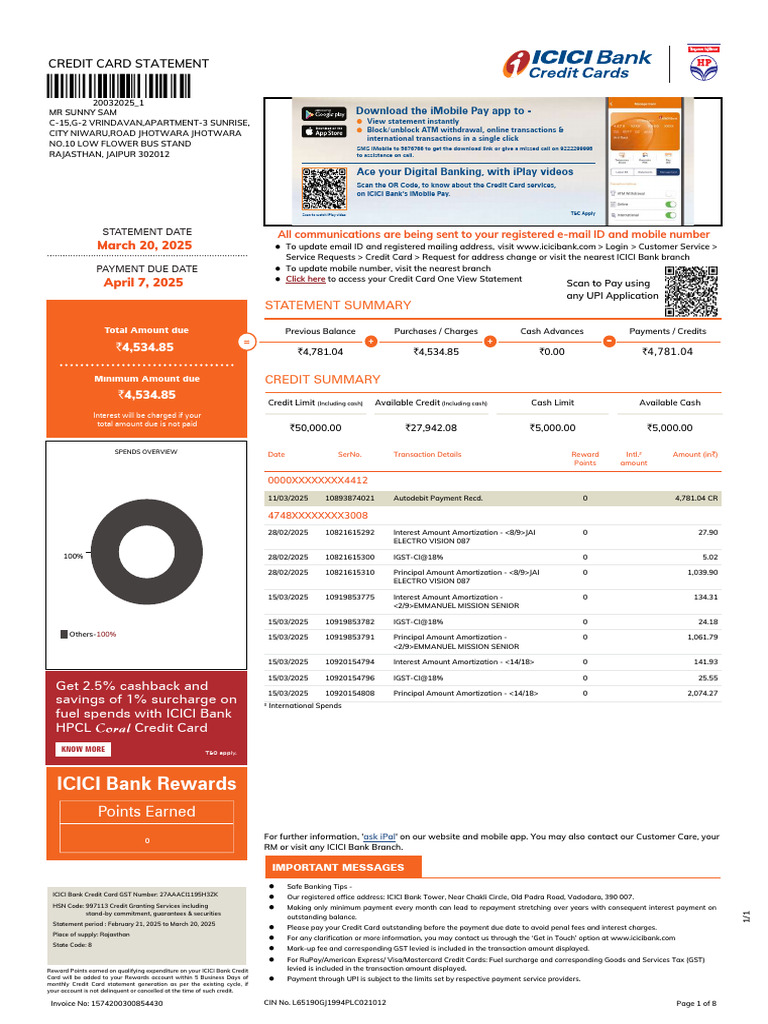 ICICI Bank Credit Card Statement Summary | PDF | Credit Card | Fee