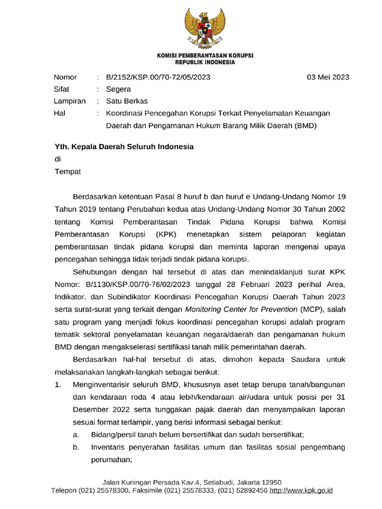 Surat B 2152_Koordinasi Pencegahan Korupsi Terkait Penyelamatan Keuangan Daerah dan BMD-1-1(1) | PDF