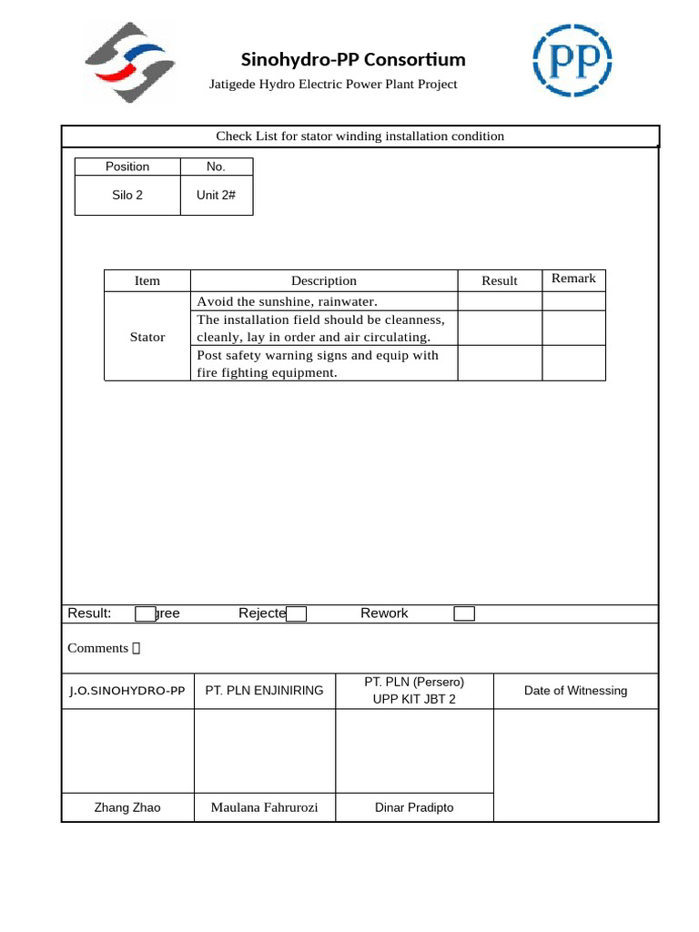 Check List For Stator Winding Installation Condition Sample | PDF