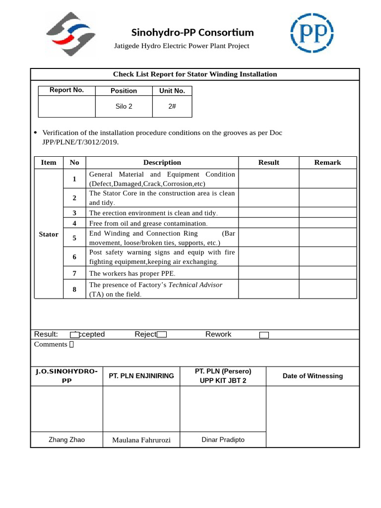 Check list report for stator winding installation | PDF
