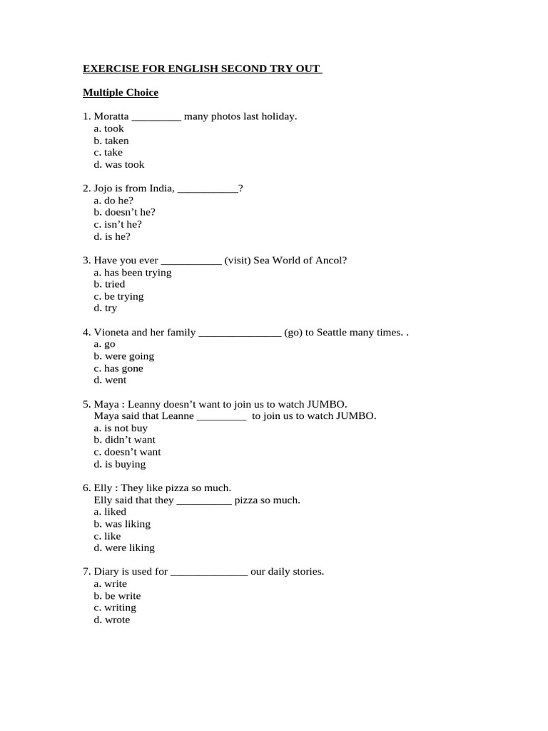 English Exercise: Multiple Choice Quiz | PDF