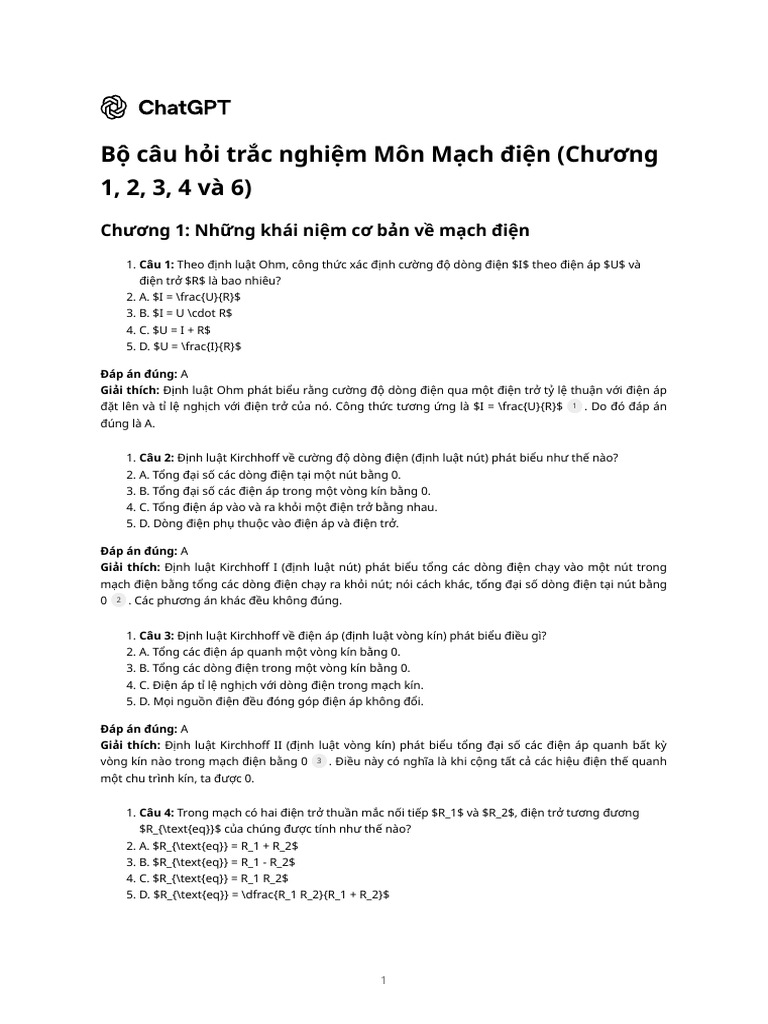 Bộ câu hỏi trắc nghiệm Môn Mạch điện (Chương 1, 2, 3, 4 và 6) | PDF