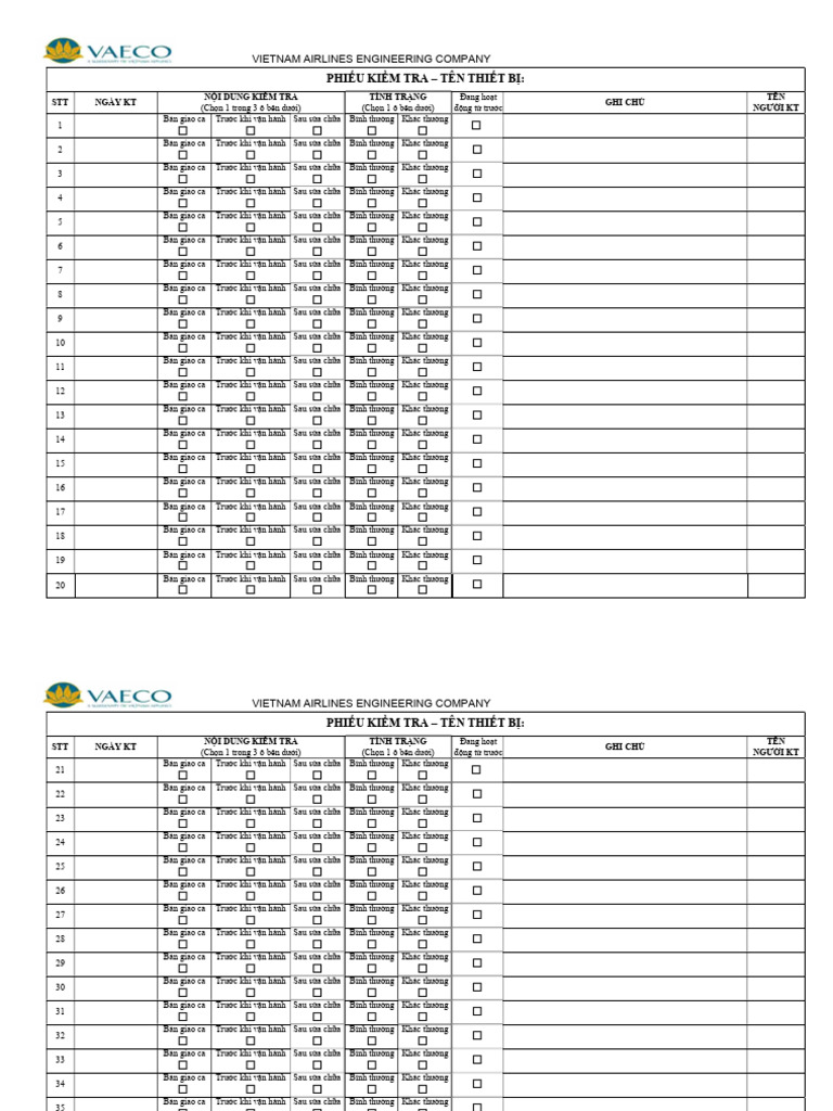 Phieu Kiem Tra Thiet Bi - Daily Check Log r1 | PDF